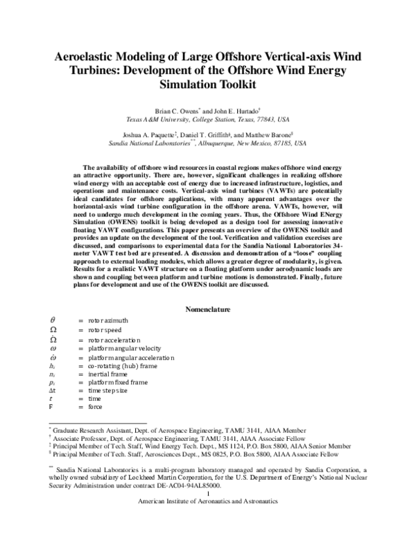 (PDF) Aeroelastic Modeling of Large Off-shore Vertical-axis Wind Turbines: Development of the ...