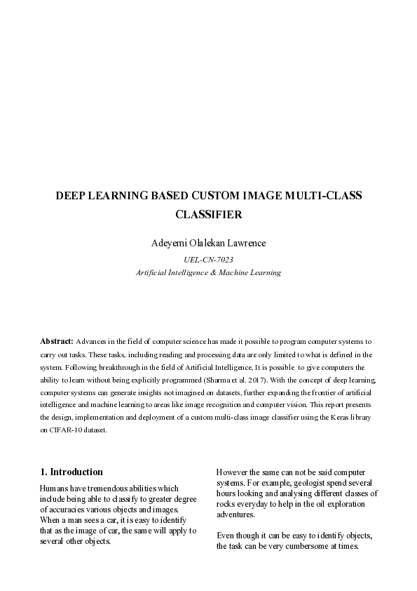 Pdf Deep Learning Based Custom Image Multi Class Classifier