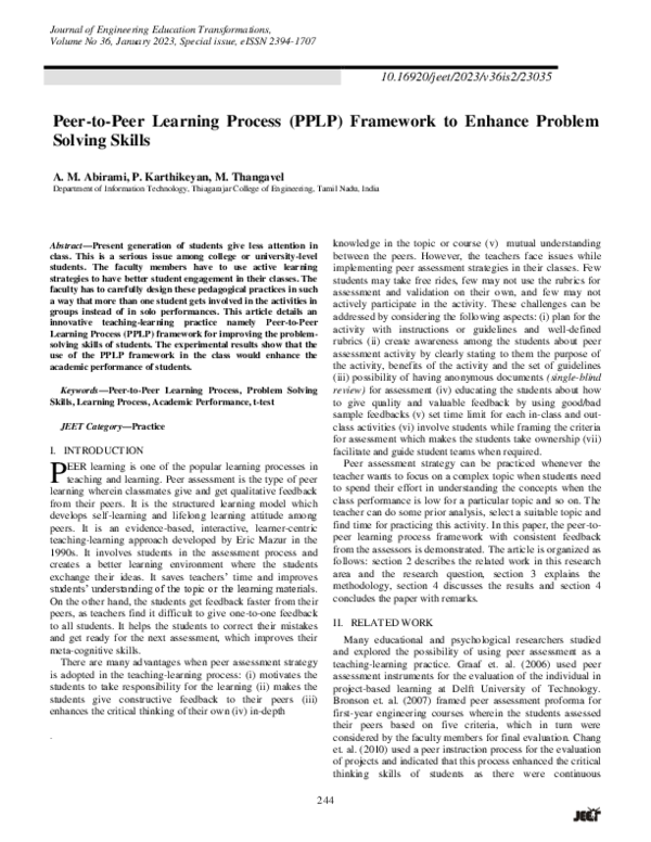 (PDF) Peer-to-Peer Learning Process (PPLP) Framework to Enhance Problem Solving Skills