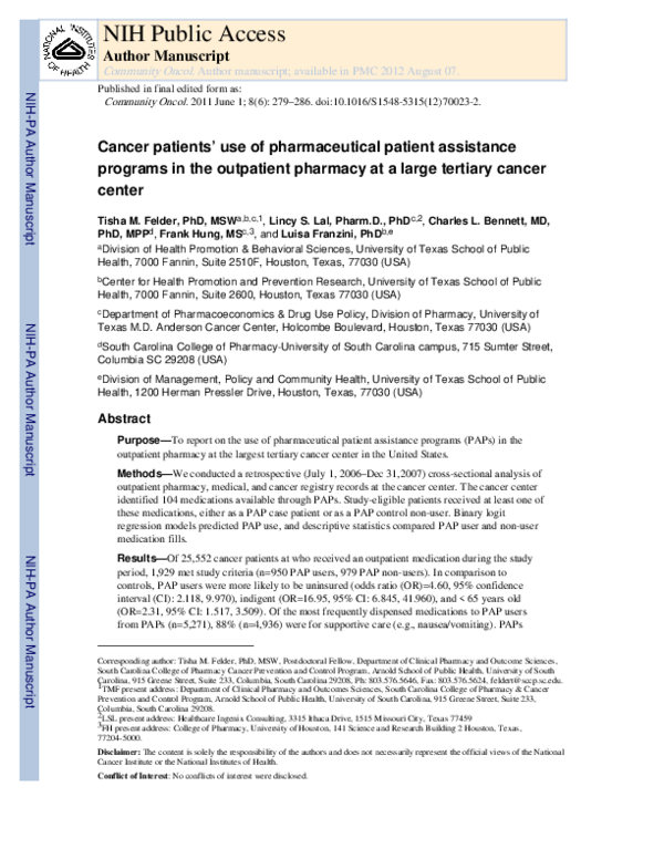 (PDF) Pharmaceutical patient assistance programs in the outpatient ...