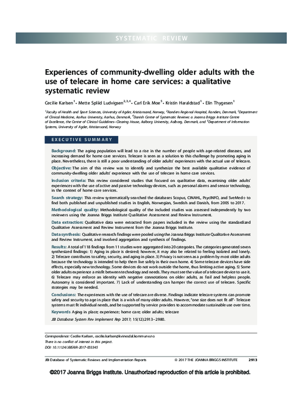 (PDF) Experiences of community-dwelling older adults with the use of telecare in home care ...