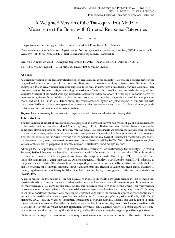 (PDF) A Weighted Version of the Tau-equivalent Model of Measurement for Items with Ordered ...