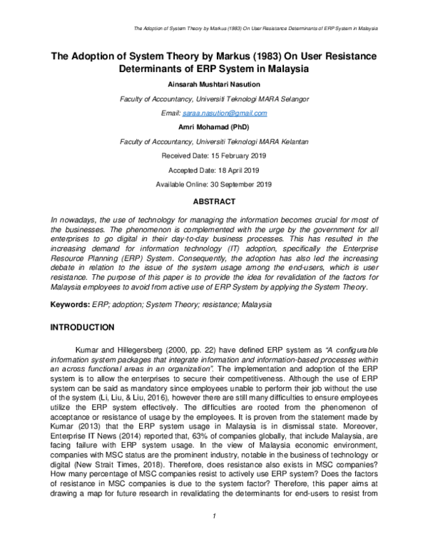 (PDF) The Adoption of System Theory by Markus (1983) On User Resistance ...