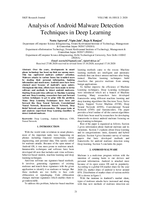 Pdf Analysis Of Android Malware Detection Techniques In Deep Learning