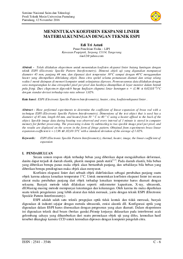 (PDF) Menentukan Koefisien Ekspansi Linier Materialkuningan Dengan Teknik Espi