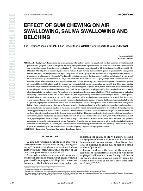 (PDF) Effect of Gum Chewing on Air Swallowing, Saliva Swallowing and ...
