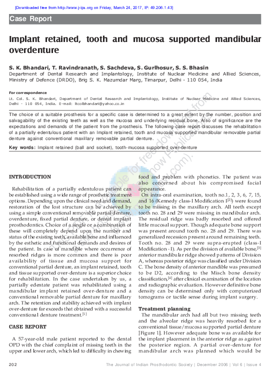 (PDF) Implant retained, tooth and mucosa supported mandibular overdenture
