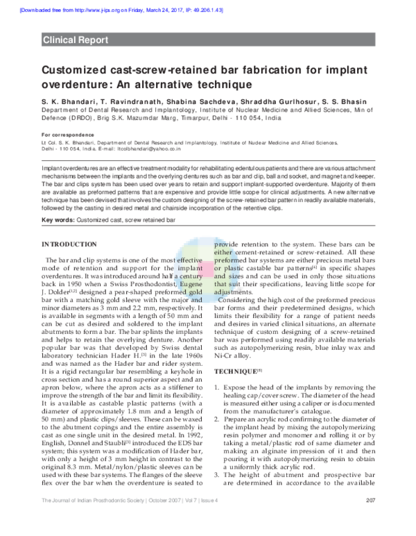 (PDF) Customized cast-screw-retained bar fabrication for implant ...