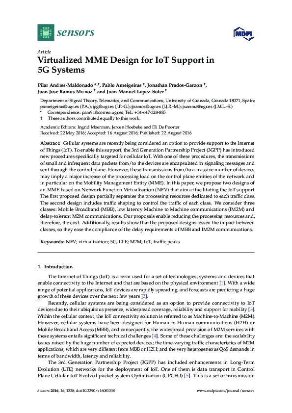 (PDF) Virtualized MME Design for IoT Support in 5G Systems
