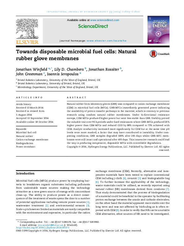 (PDF) Towards disposable microbial fuel cells: Natural rubber glove ...