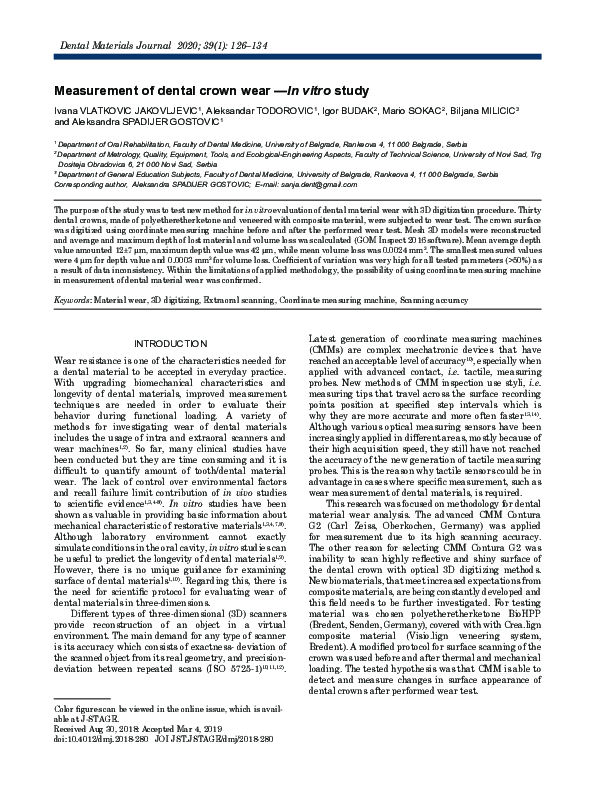(PDF) Measurement of dental crown wear —In vitro study