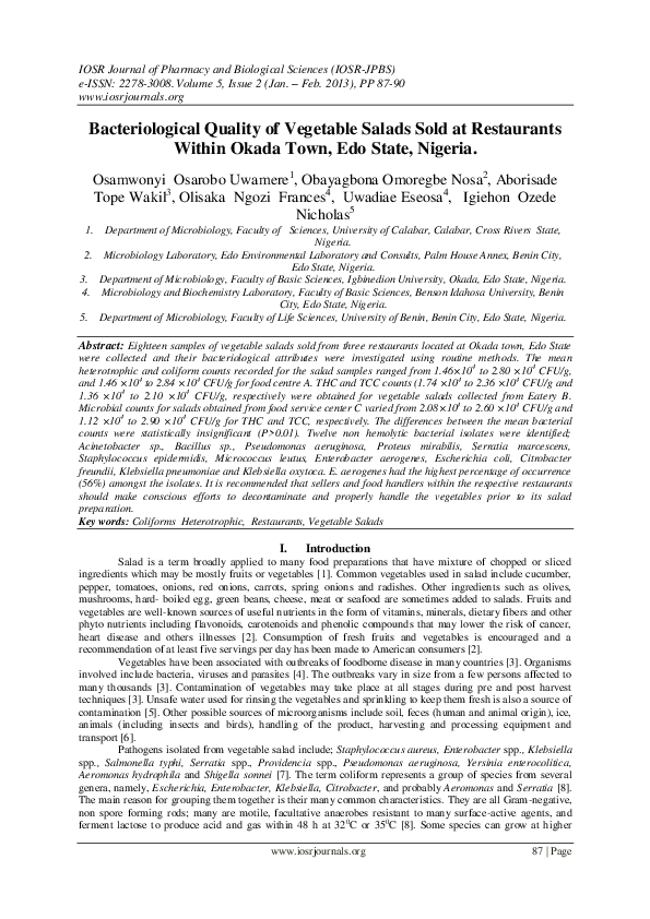 (PDF) Bacteriological Quality of Vegetable Salads Sold at Restaurants ...