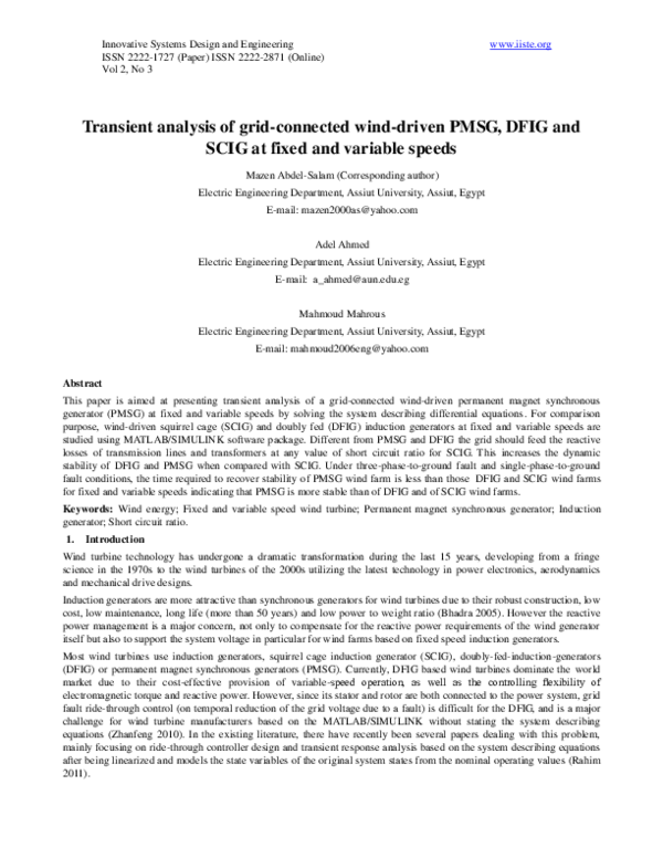 (PDF) Transient analysis of grid-connected wind-driven PMSG, DFIG and SCIG at fixed and variable ...