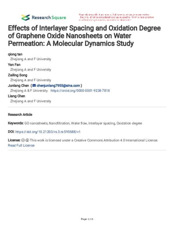 (PDF) Effects of Interlayer Spacing and Oxidation Degree of Graphene Oxide Nanosheets on Water ...