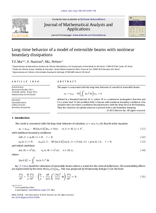 (PDF) Long-time behavior of a model of extensible beams with nonlinear boundary dissipations
