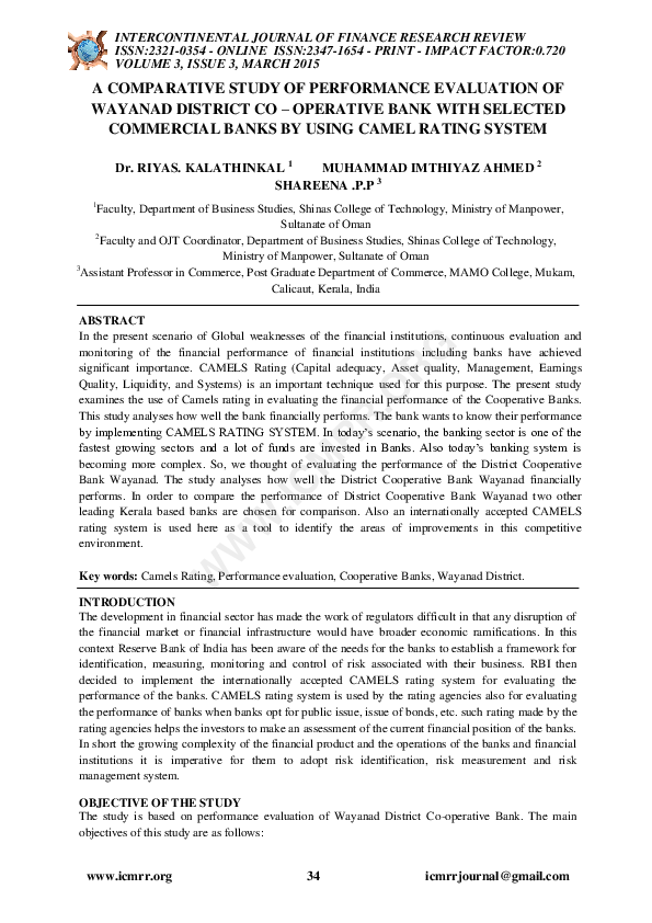 (PDF) A COMPARATIVE STUDY OF PERFORMANCE EVALUATION OF WAYANAD DISTRICT CO -OPERATIVE BANK WITH ...