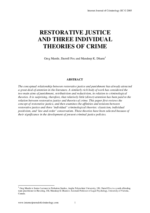 (PDF) RESTORATIVE JUSTICE AND THREE INDIVIDUAL THEORIES OF CRIME