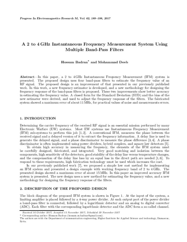 (PDF) A 2 to 4 GHZ Instantaneous Frequency Measurement System Using Multiple Band-Pass Filters