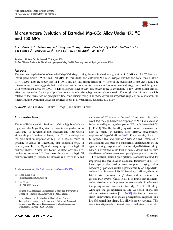 (PDF) Microstructure Evolution of Extruded Mg–6Gd Alloy Under 175 °C ...
