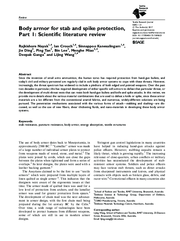 (PDF) Body armor for stab and spike protection, Part 1: Scientific literature review