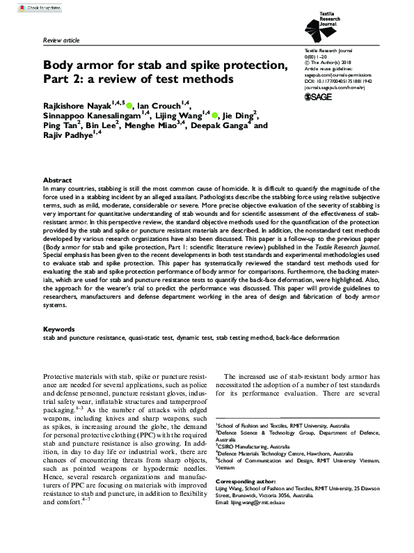 (PDF) Body armor for stab and spike protection, Part 2: a review of ...