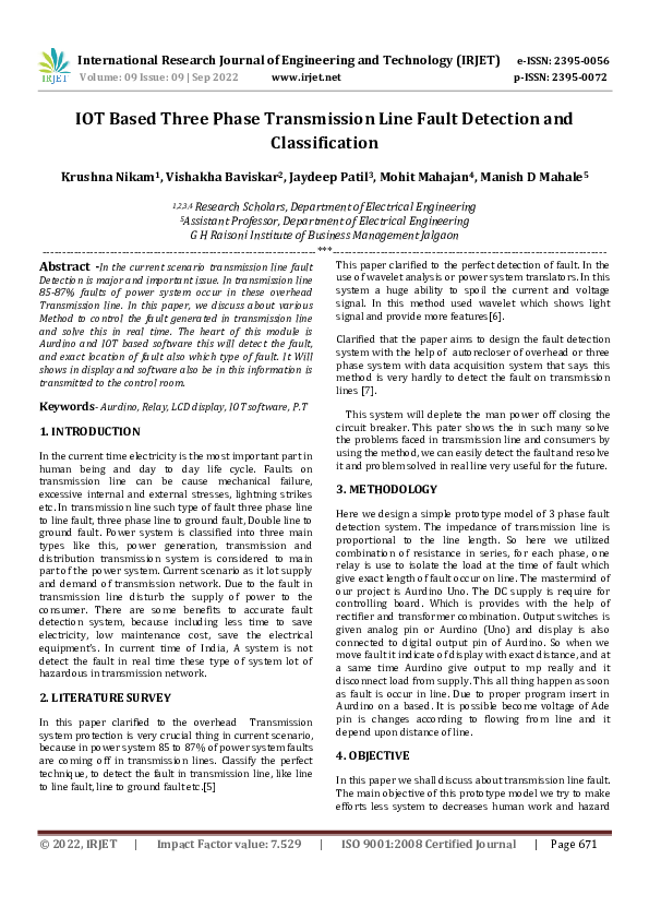 Pdf Iot Based Three Phase Transmission Line Fault Detection And