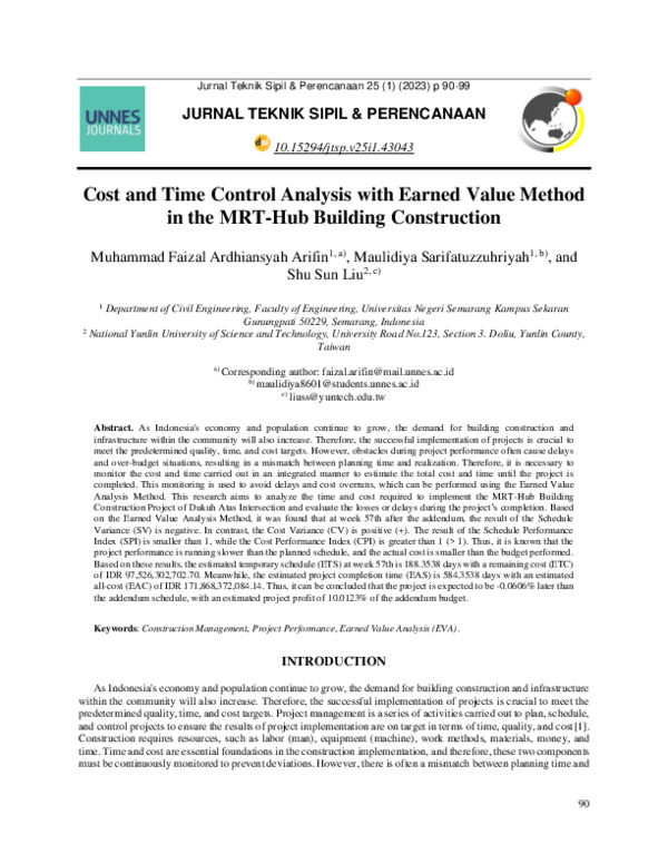 (PDF) Cost and Time Control Analysis with Earned Value Method in the MRT-Hub Building Construction