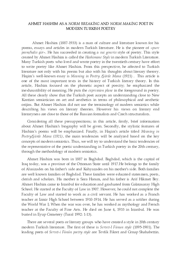 (DOC) AHMET HASHIM AS A NORM BREAKİNG AND NORM MAKİNG POET IN MODERN ...