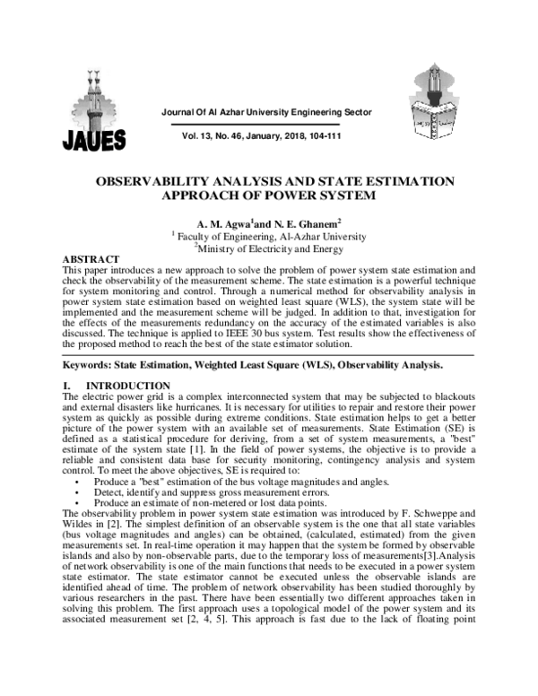 (PDF) Observability Analysis and State Estimation Approach of Power System | A Agwa - Academia.edu