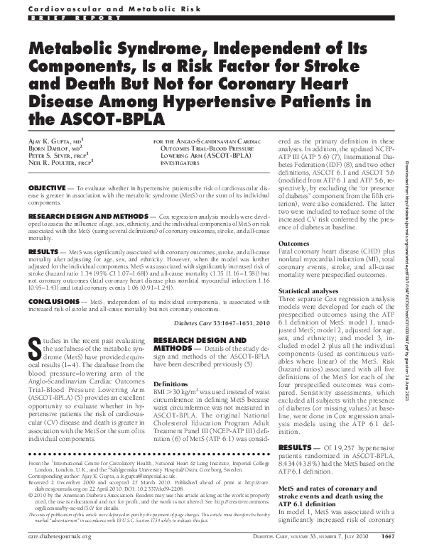 (PDF) Metabolic Syndrome, Independent of Its Components, Is a Risk ...