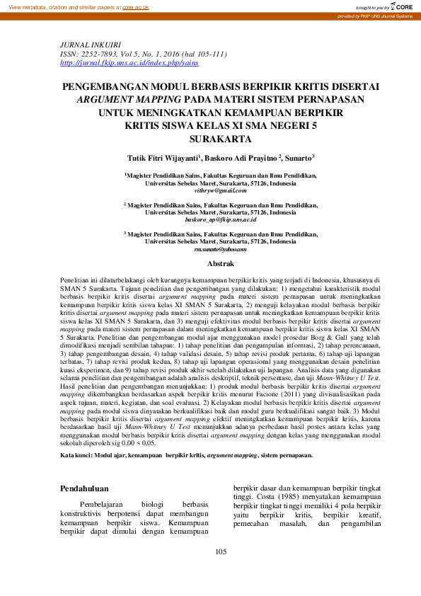 (PDF) Pengembangan Modul Berbasis Berpikir Kritis Disertai Argument Mapping Pada Materi Sistem ...