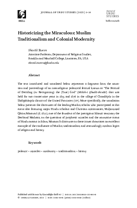 (PDF) Historicizing the Miraculous: Muslim Traditionalism and Colonial ...