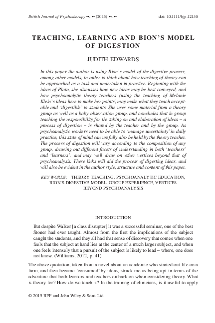 (PDF) Teaching, Learning and Bion's Model of Digestion | Judith Edwards ...