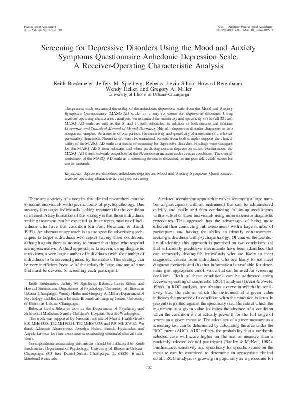 (PDF) Screening for depressive disorders using the Mood and Anxiety ...