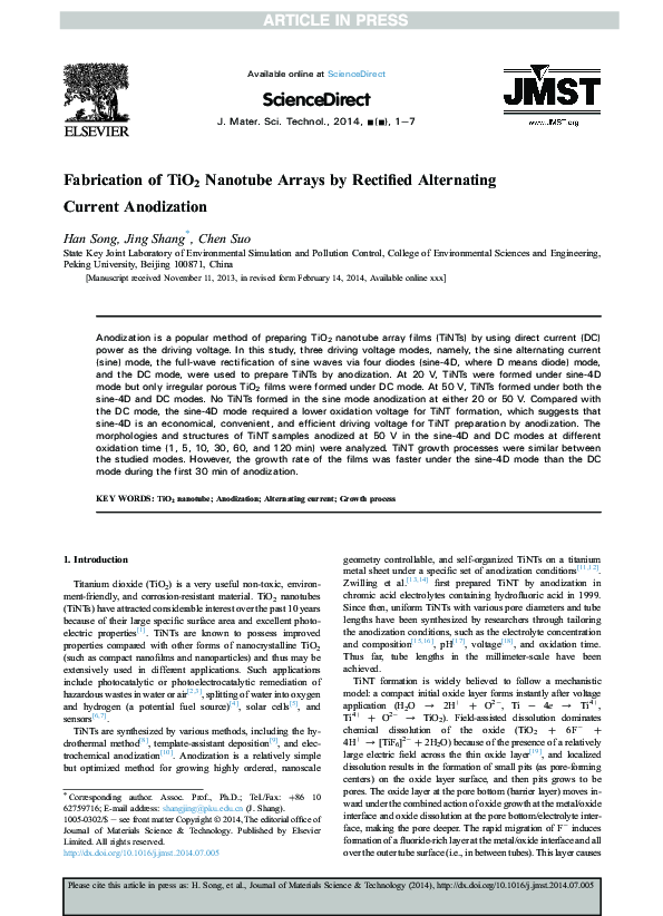 (PDF) Fabrication of TiO2 Nanotube Arrays by Rectified Alternating Current Anodization