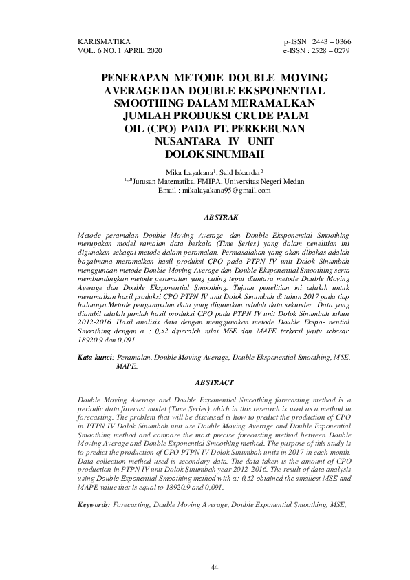 (PDF) Penerapan Metode Double Moving Average Dan Double Eksponential Smoothing Dalam Meramalkan ...