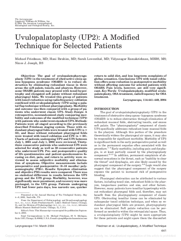 (PDF) Uvulopalatoplasty (UP2): A Modified Technique for Selected Patients