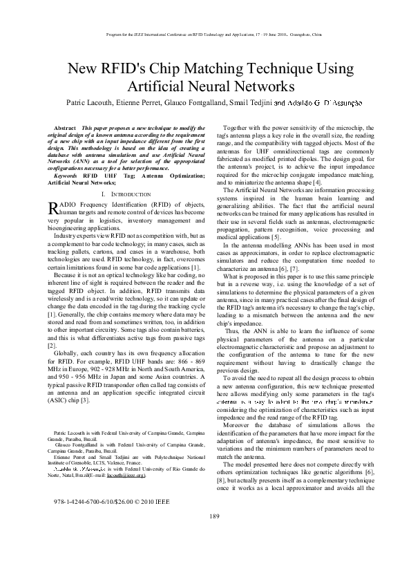 (PDF) New RFID's chip matching technique using Artificial Neural Networks