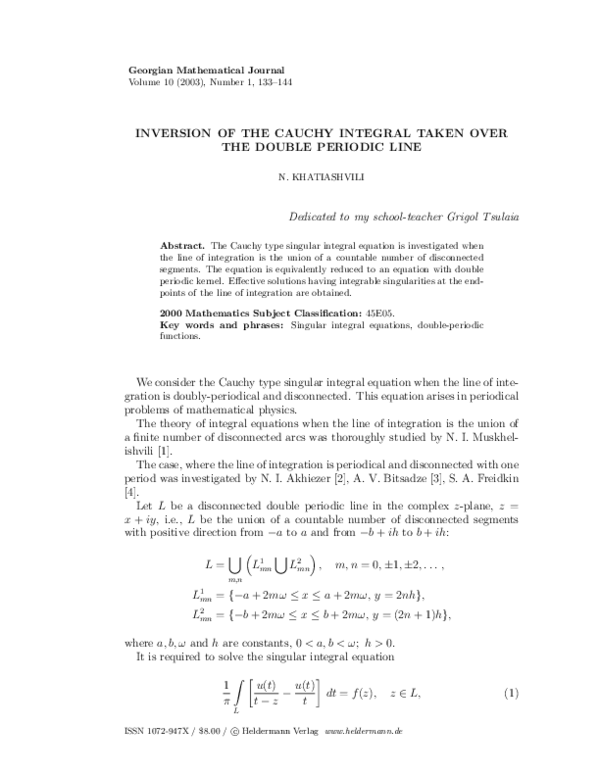 Pdf Inversion Of The Cauchy Integral Taken Over The Double Periodic Line