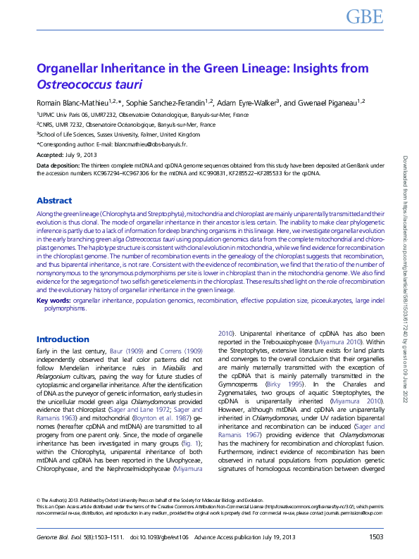 (PDF) Organellar Inheritance in the Green Lineage: Insights from ...