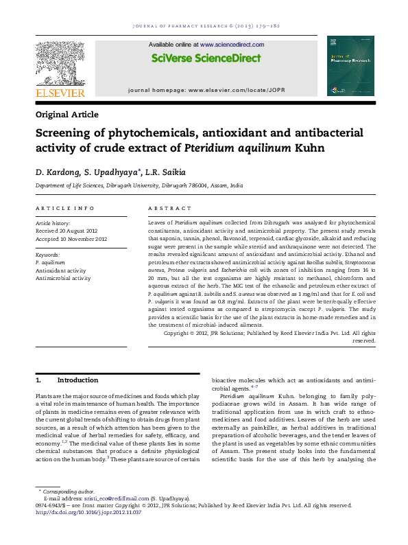 (PDF) Screening of phytochemicals, antioxidant and antibacterial activity of crude extract of ...