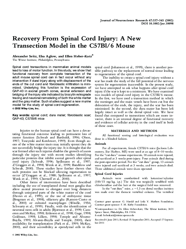 (PDF) Recovery from spinal cord injury: A new transection model in the ...
