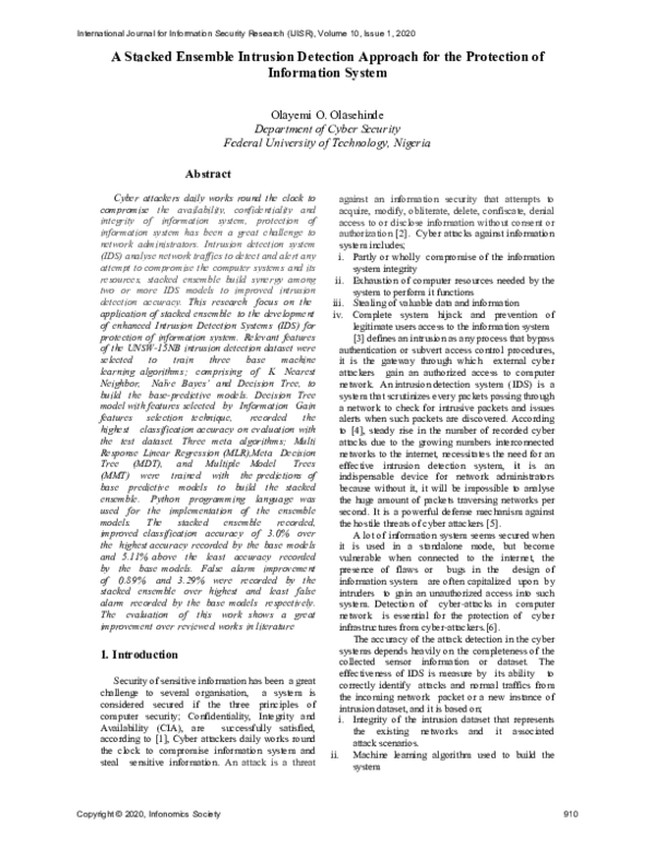 Pdf A Stacked Ensemble Intrusion Detection Approach For The Protection Of Information System
