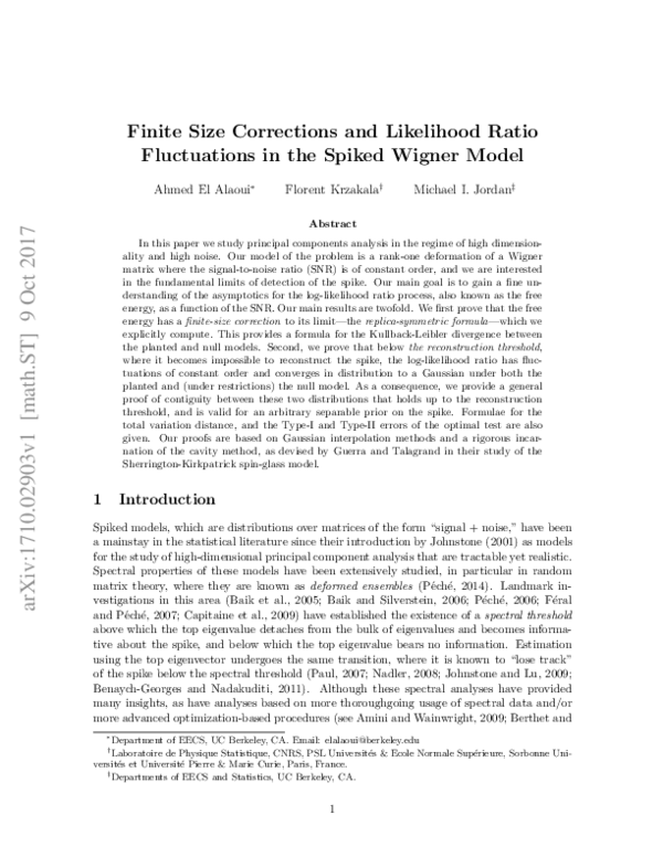 (PDF) Finite Size Corrections and Likelihood Ratio Fluctuations in the Spiked Wigner Model