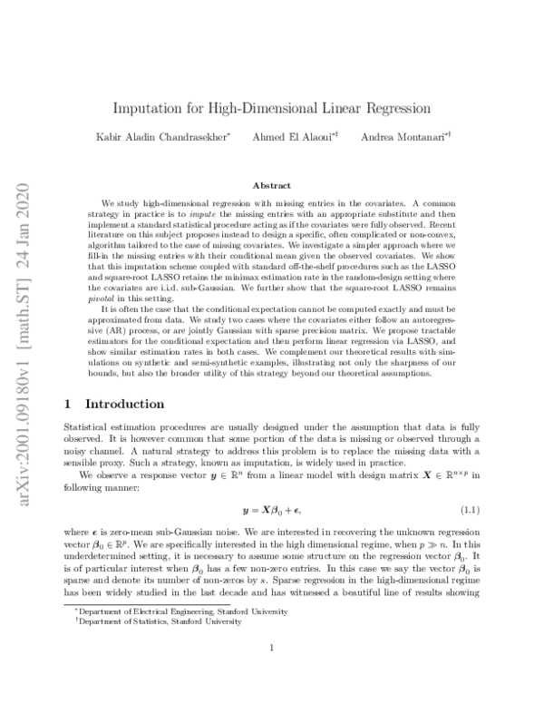 (PDF) Imputation for High-Dimensional Linear Regression | Ahmed El Alaoui - Academia.edu