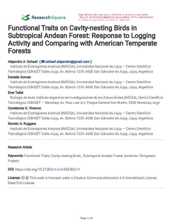 (PDF) Functional Traits on Cavity-nesting Birds in Subtropical Andean ...
