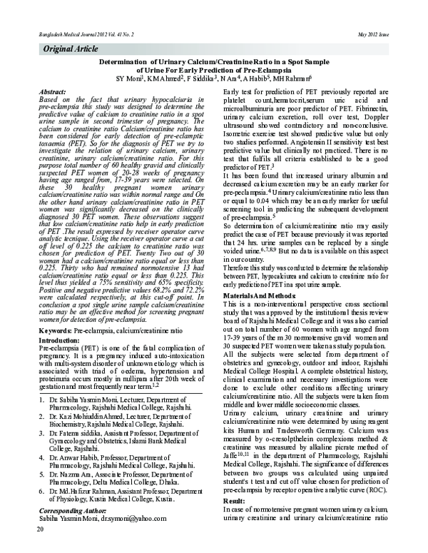 (PDF) Determination of Urinary Calcium/Creatinine Ratio in a Spot ...
