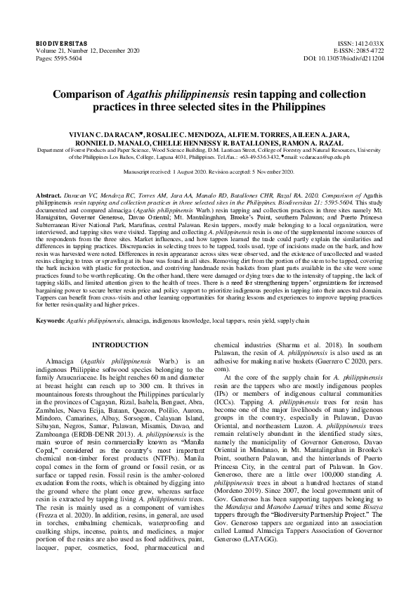 (PDF) Comparison of Agathis philippinensis resin tapping and collection ...