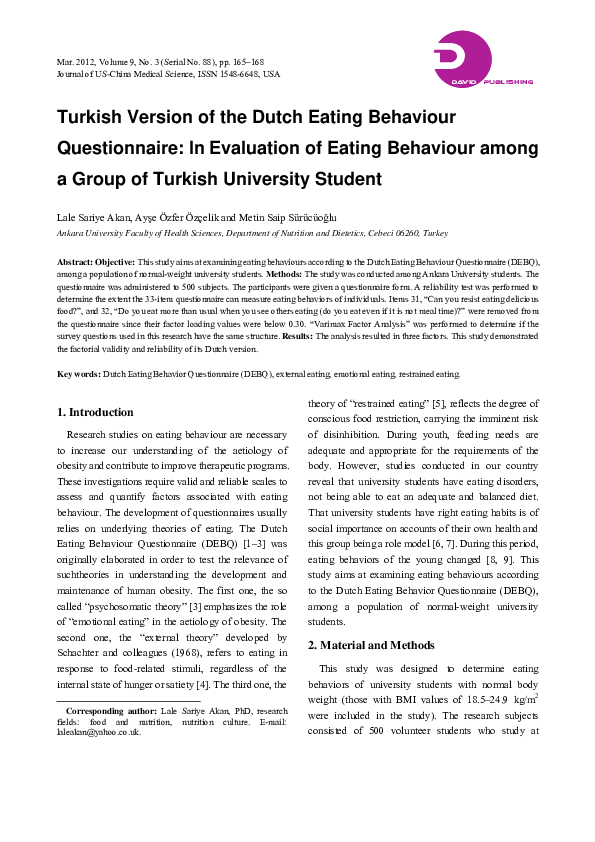 (PDF) Turkish Version of the Dutch Eating Behaviour Questionnaire: In ...