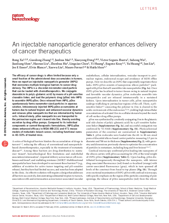 (PDF) An injectable nanoparticle generator enhances delivery of cancer ...